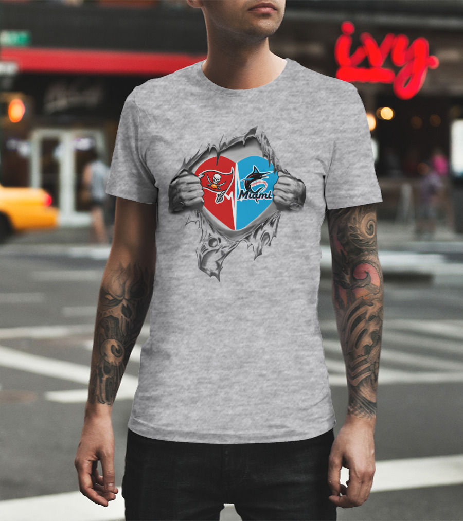 Buccaneers And Miami Marlins Heart Rip T-Shirt