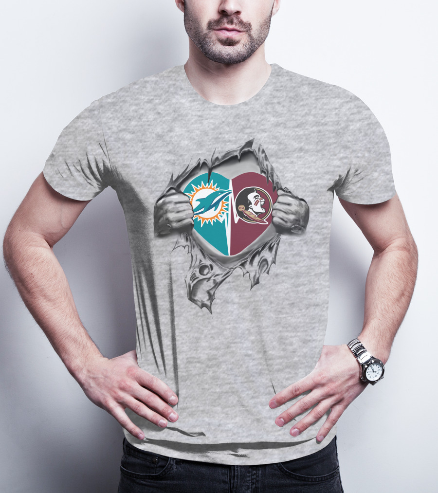 Florida State Seminoles Miami Dolphins Heart Pullover T-Shirt