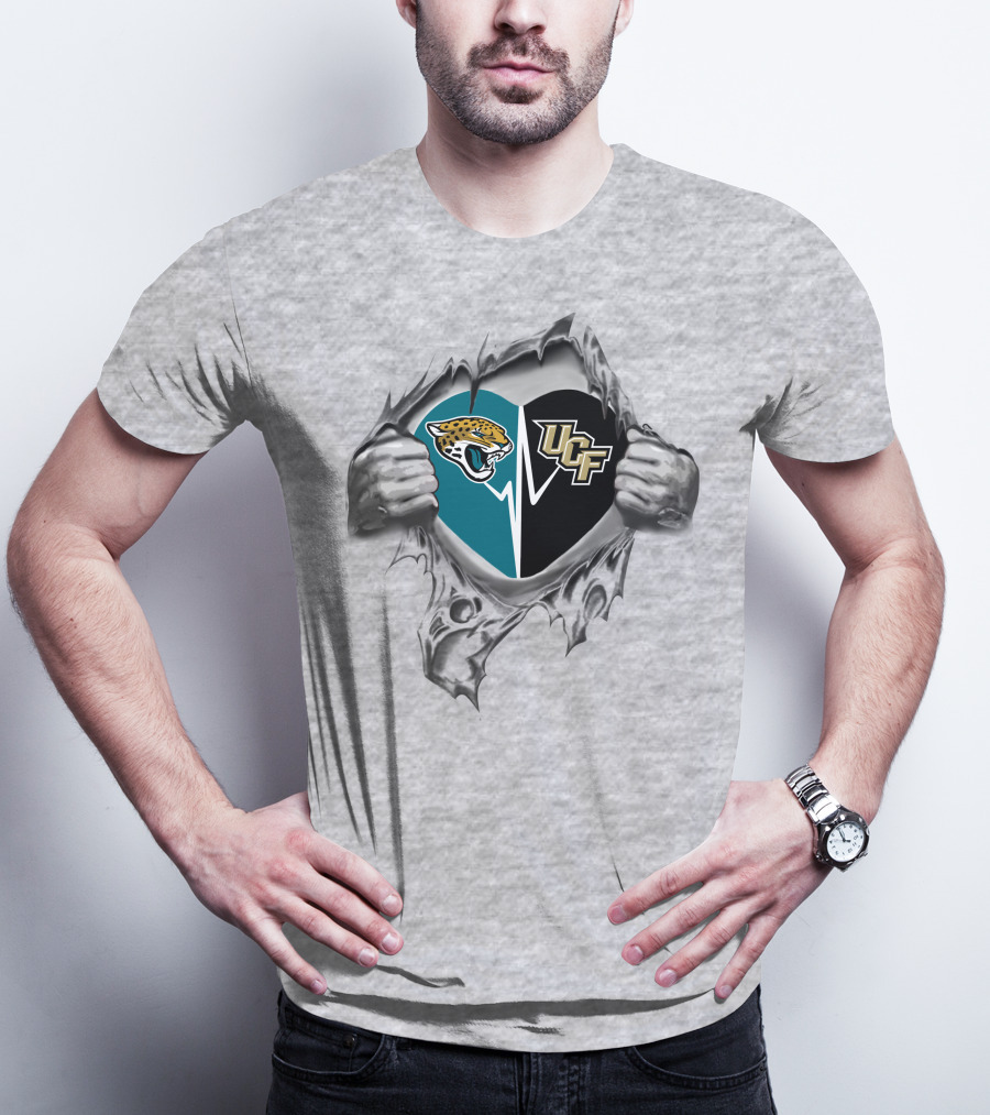 Jacksonville Jaguars Ucf Knights Heart Design Busting Through T-Shirt