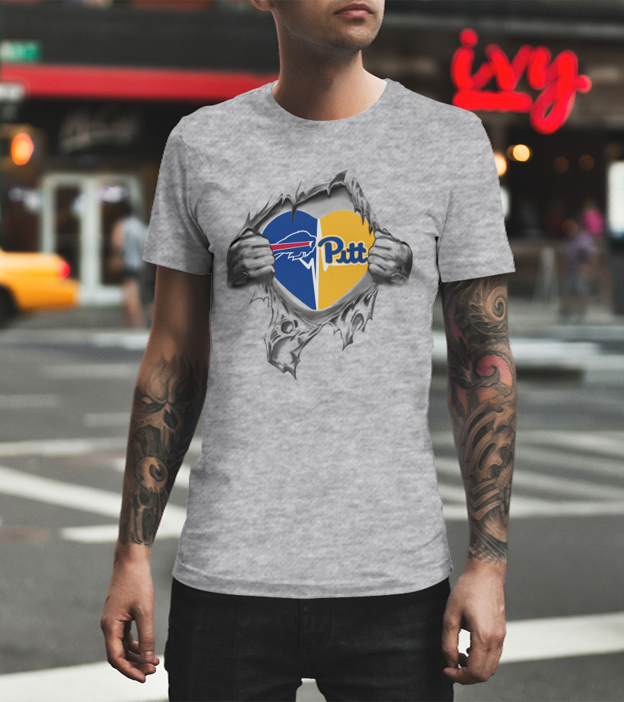Bills And Pittsburgh Panthers Heart Logo Tear T-Shirt