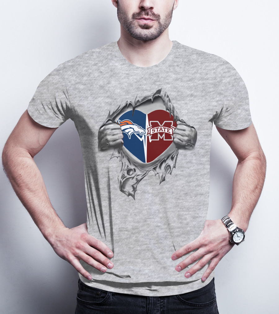 Broncos And Mississippi State Bulldogs Heart T-Shirt