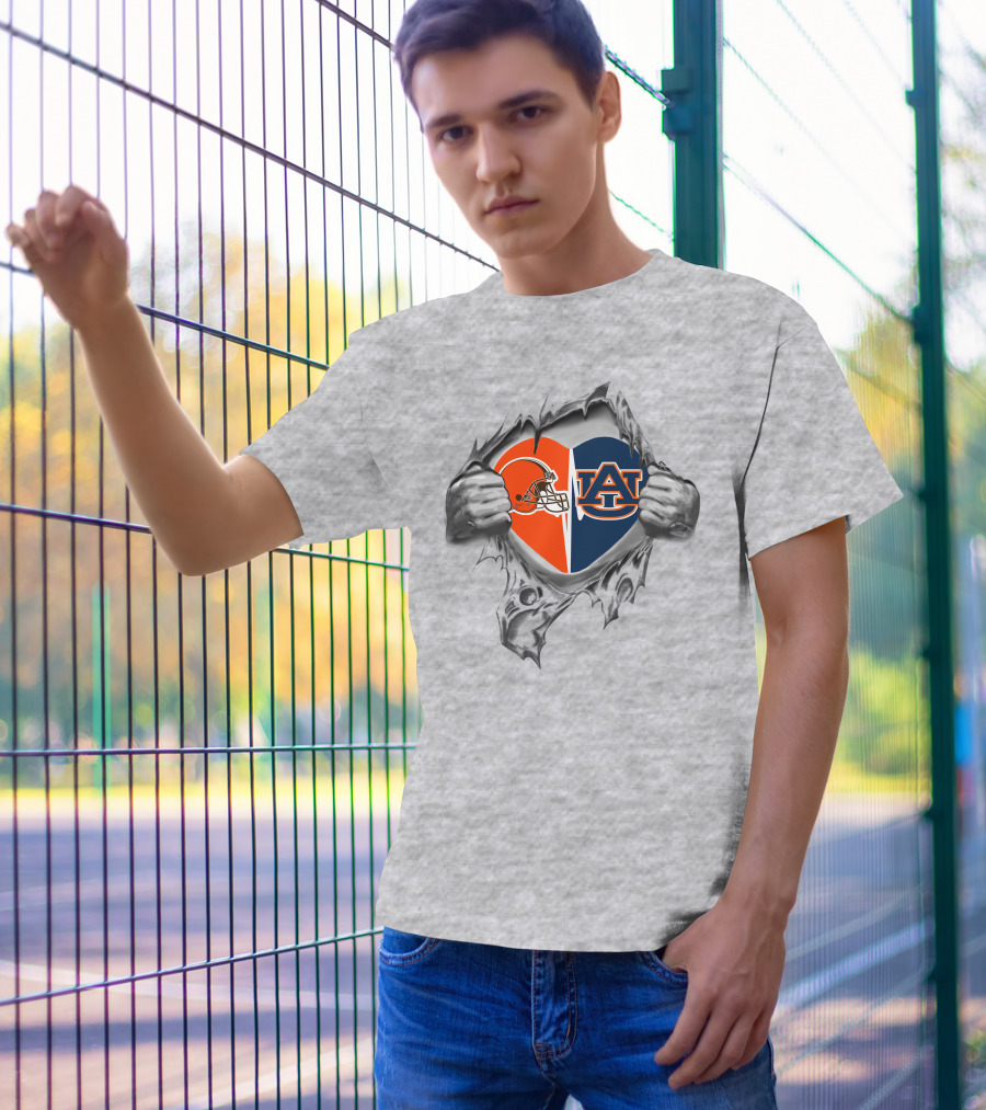 Browns Auburn Tigers Heart Peel Logo Combination T-Shirt
