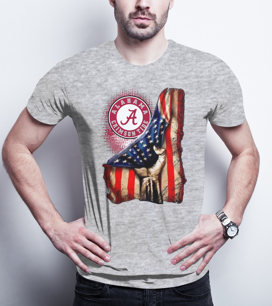 Alabama Crimson Tide American Flag Fist Outline T-Shirt