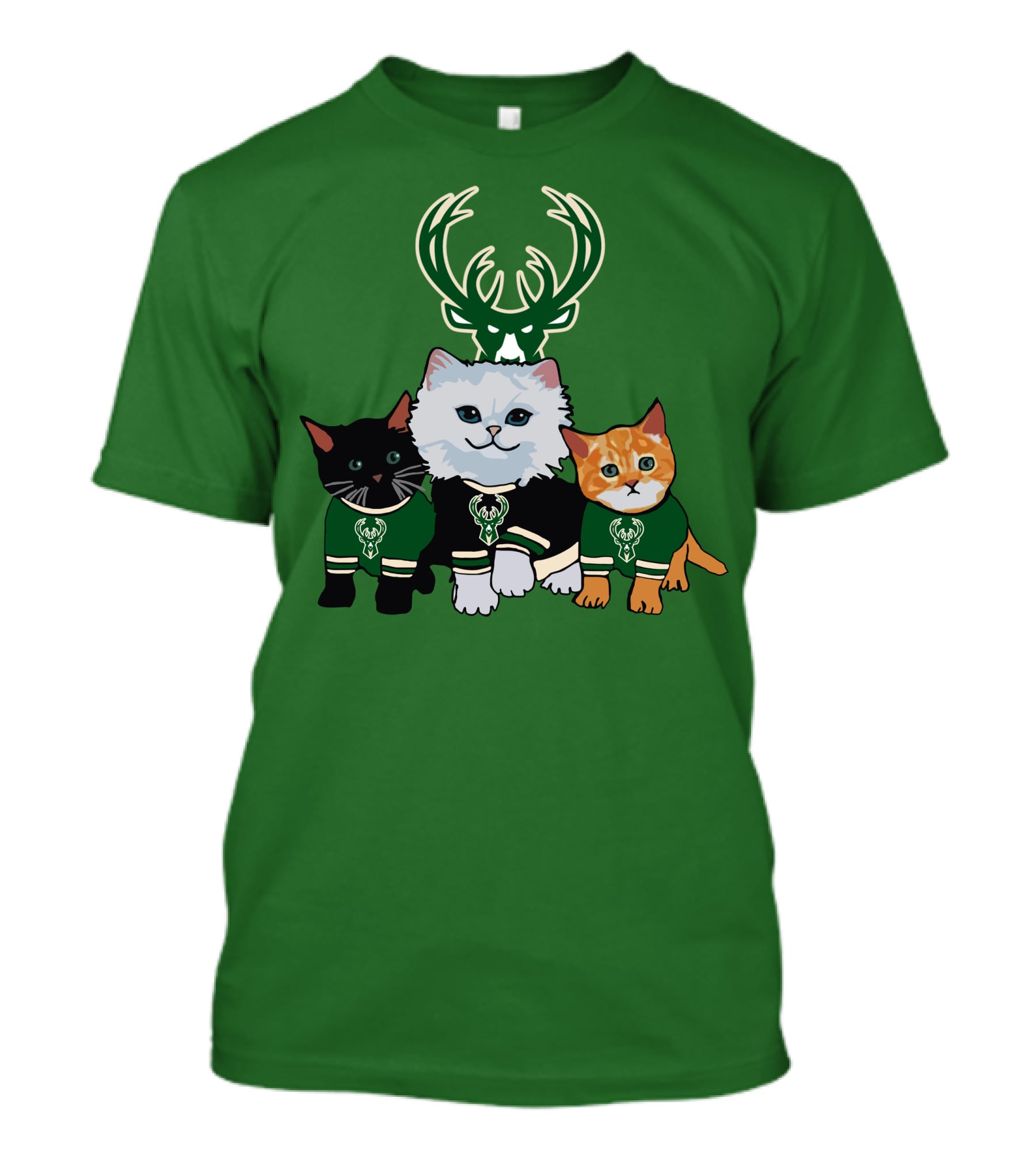 Milwaukee Bucks Cats Trio With Team Logos And Deer Antlers T-Shirt