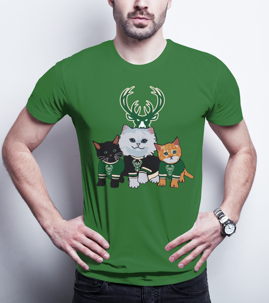 Milwaukee Bucks Cats Trio With Team Logos And Deer Antlers T-Shirt