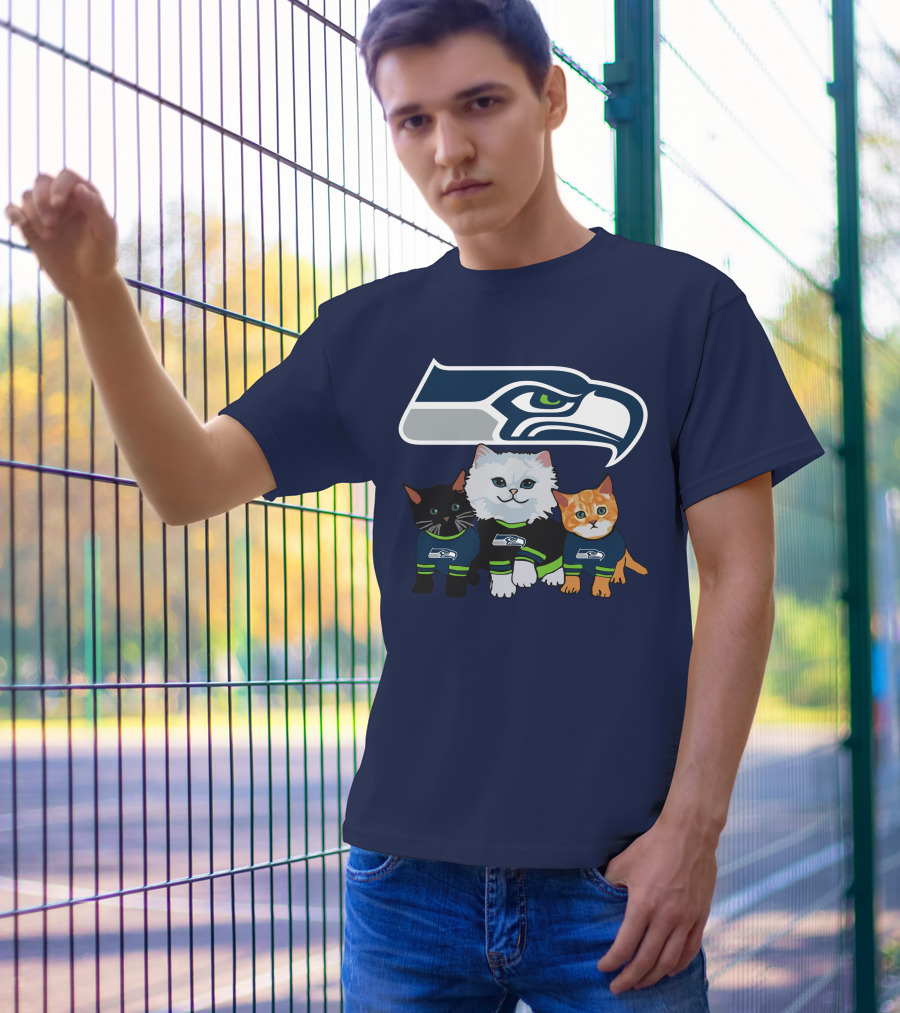 Seattle Seahawks Logo With Cats In Team Jerseys T-Shirt