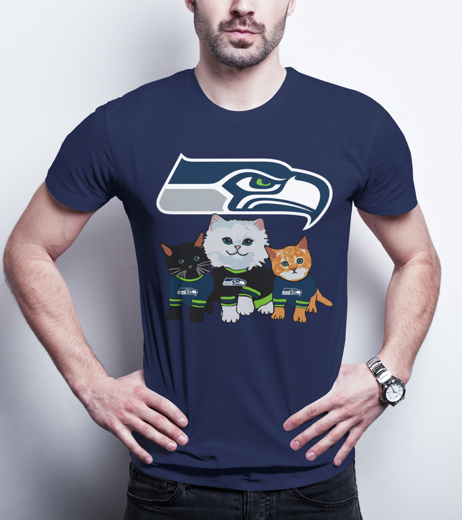 Seattle Seahawks Logo With Cats In Team Jerseys T-Shirt