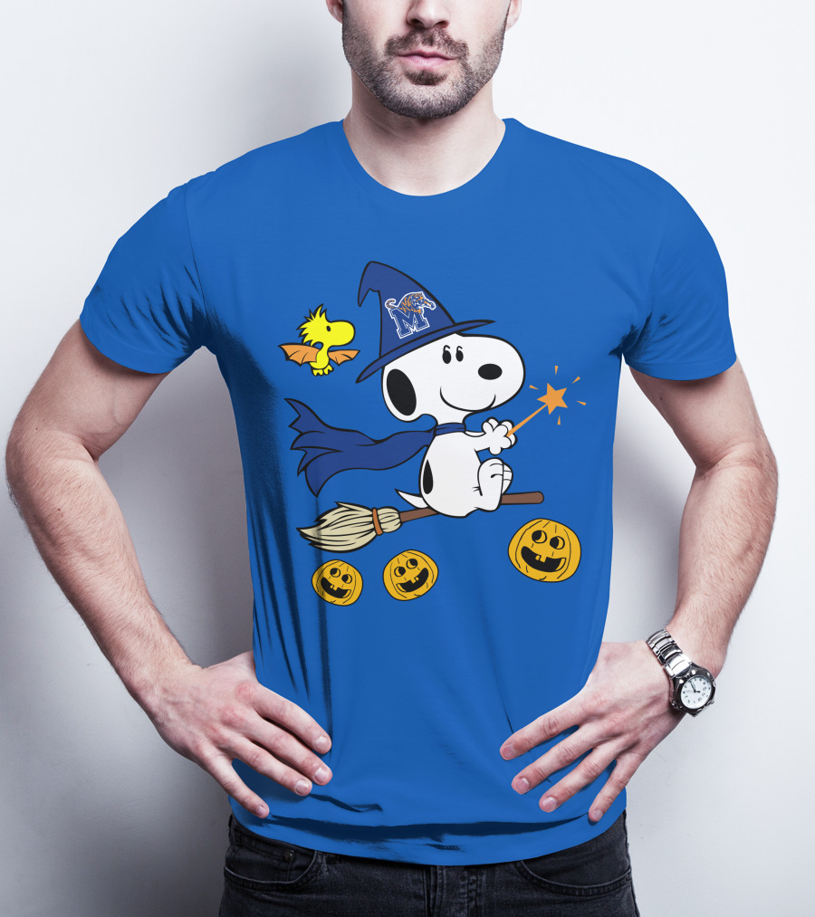 Snoopy And Woodstock Flying Witch With Memphis Tigers Hat And Happy Halloween Pumpkins T-Shirt
