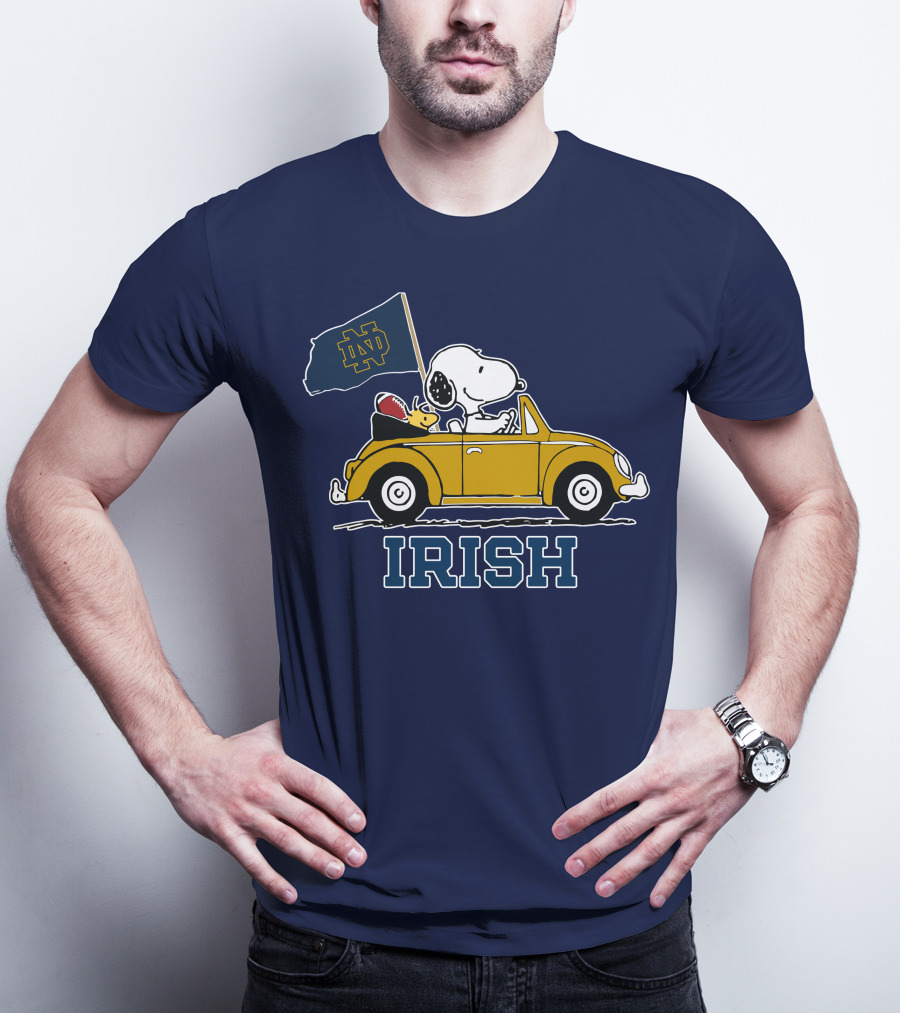 Notre Dame Fighting Irish Snoopy Driving Car With Flag T-Shirt