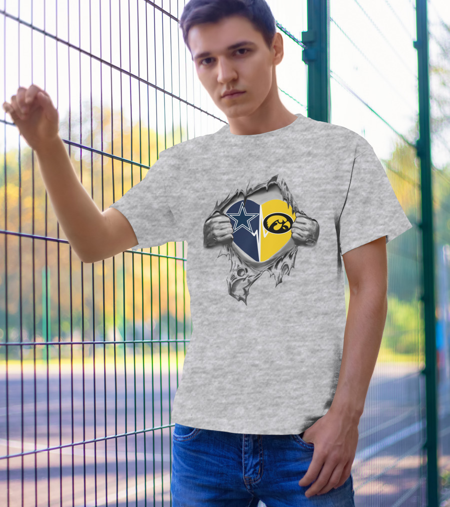 Cowboys And Iowa Hawkeyes Passion Torn Heart With Logos T-Shirt