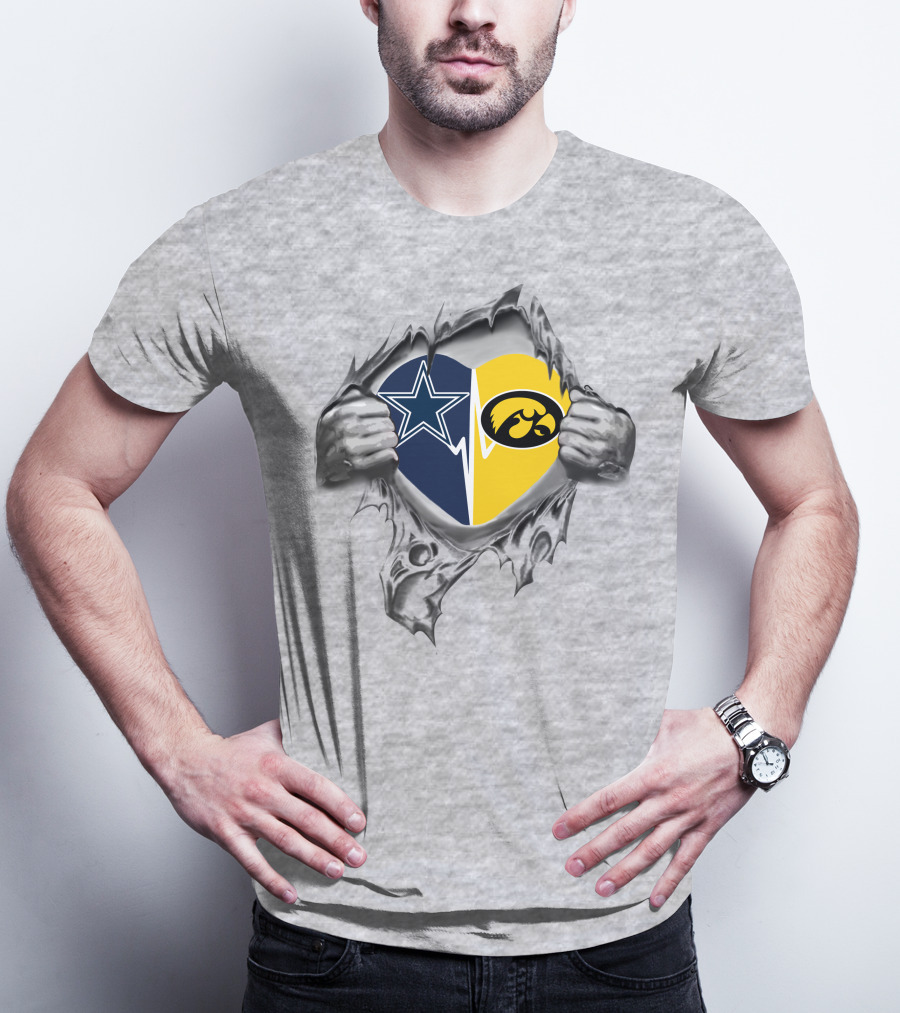 Cowboys And Iowa Hawkeyes Passion Torn Heart With Logos T-Shirt