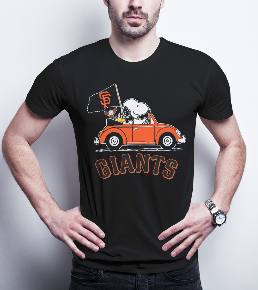 San Francisco Giants Snoopy Riding Forever With Woodstock In Orange Car T-Shirt