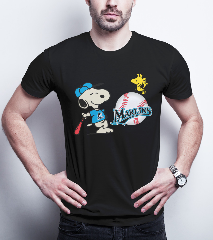 Miami Marlins Snoopy Baseball Woodstock Cartoon T-Shirt