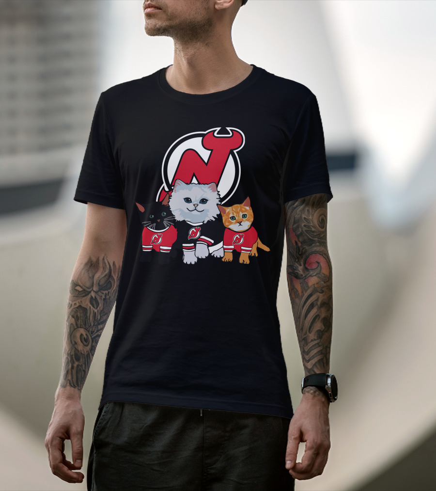 New Jersey Devils Cute Cats In Red Jerseys With Team T-Shirt