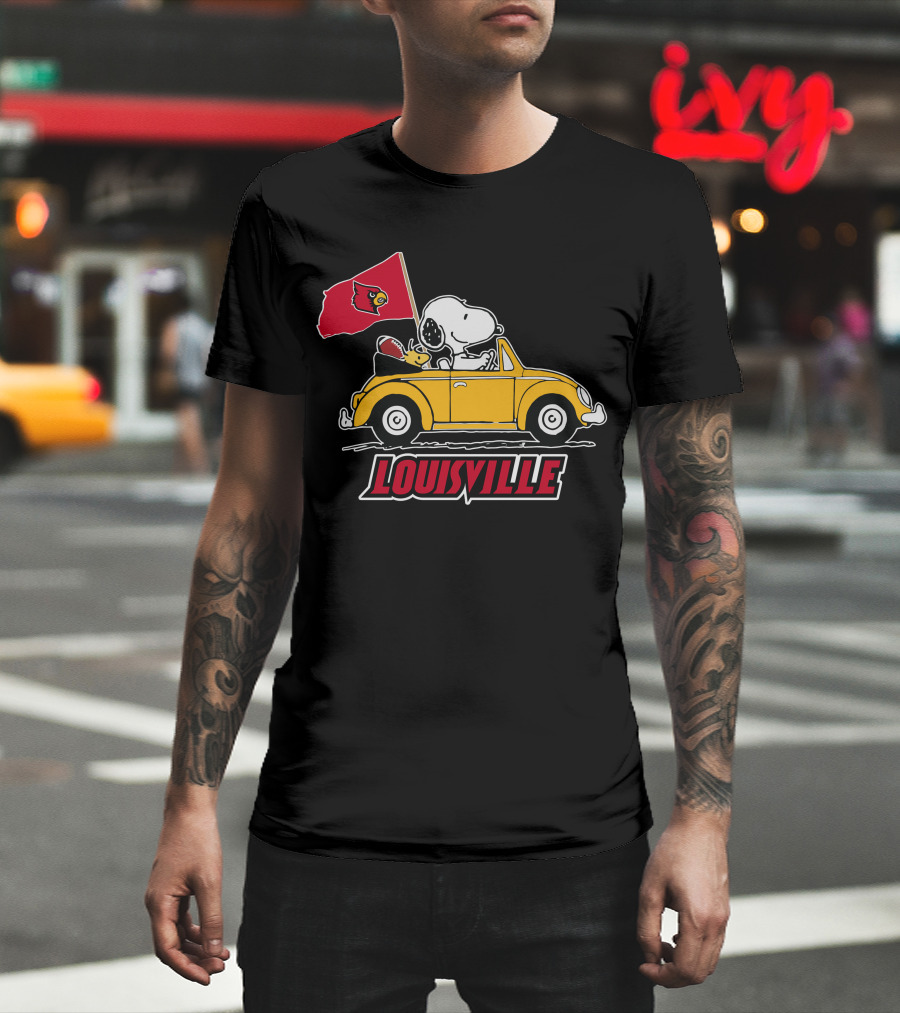 Louisville Snoopy Car Ride With Cardinals Flag T-Shirt
