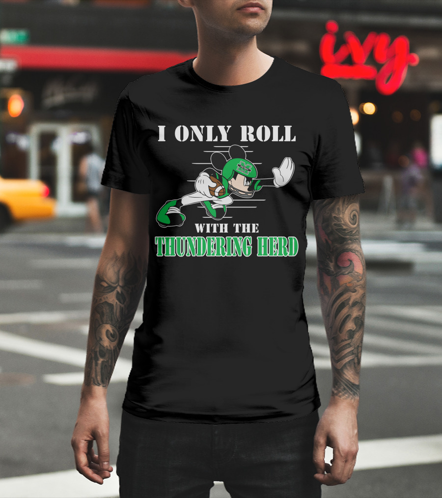 I Only Roll With The Thundering Herd Marshall M Football Player Cartoon T-Shirt