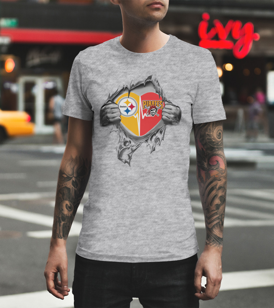 Steelers Pirates Heart Design In Torn Fabric T-Shirt