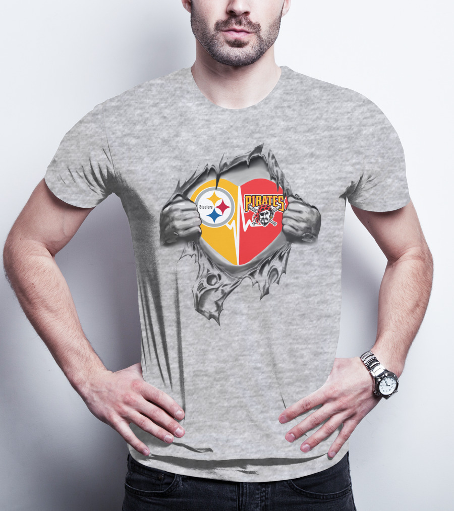 Steelers Pirates Heart Design In Torn Fabric T-Shirt