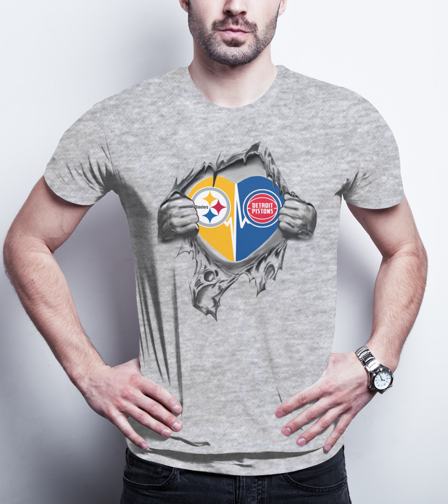 Steelers Detroit Pistons Heart Design Featuring Logos And Ripped Effect T-Shirt