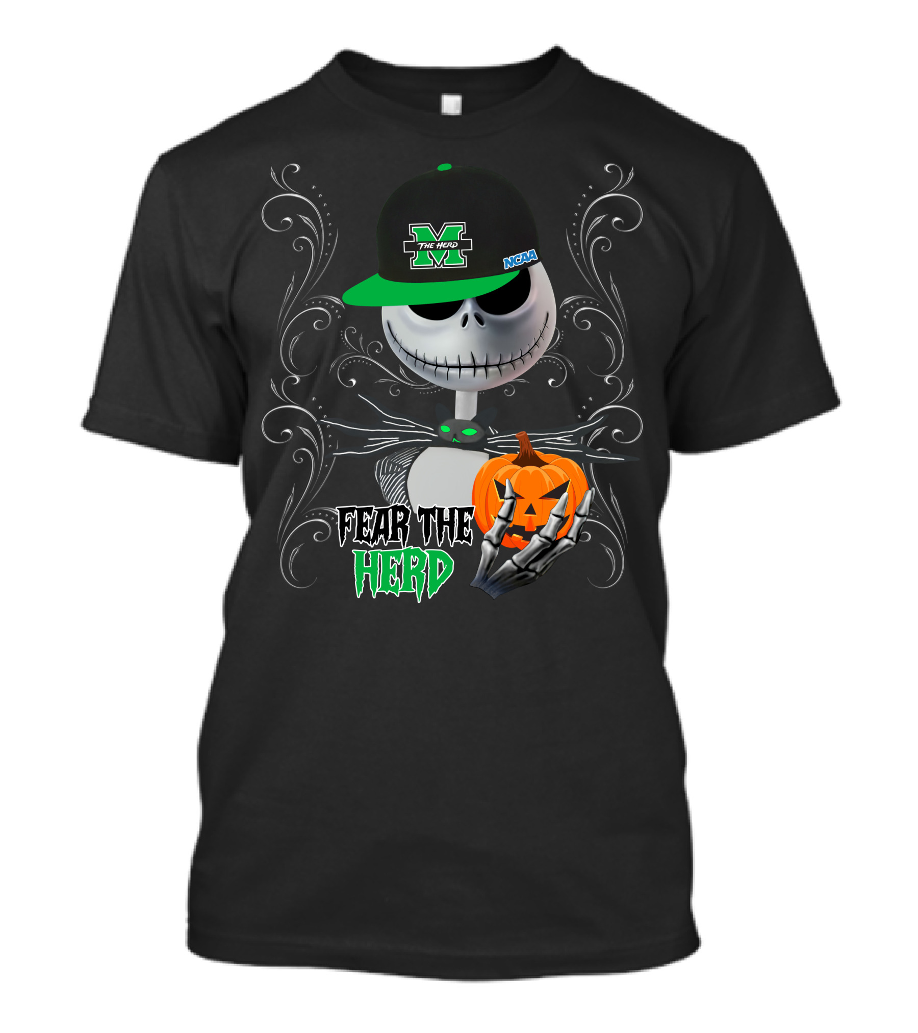 Marshall Thundering Herd Fear The Herd Halloween NCAA Skeleton With Pumpkin T-Shirt