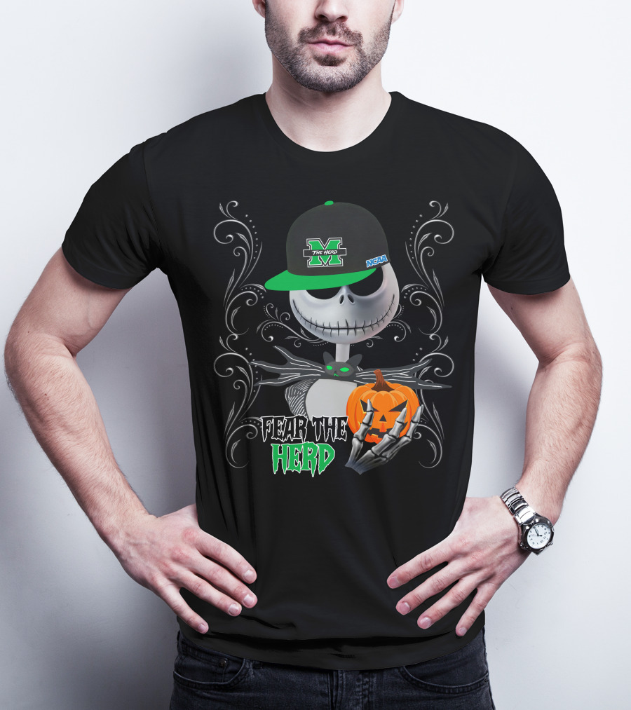 Marshall Thundering Herd Fear The Herd Halloween NCAA Skeleton With Pumpkin T-Shirt