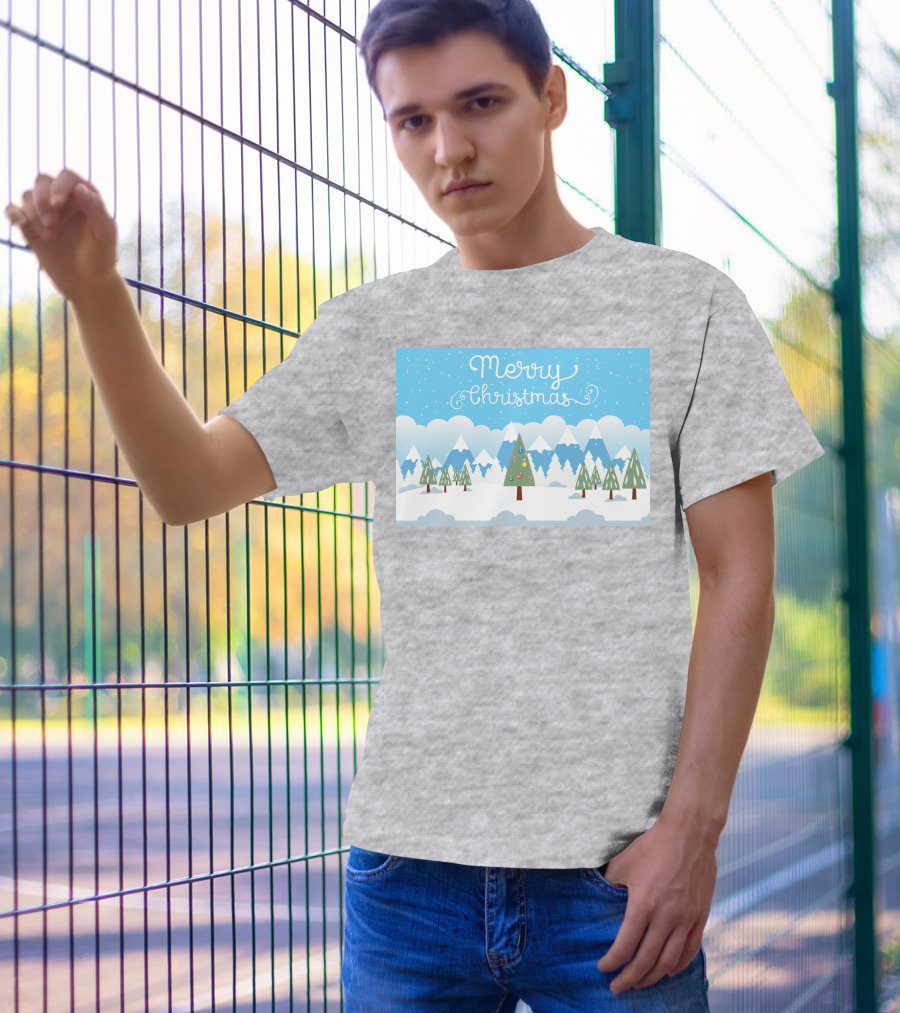 Merry Christmas Snowy Mountain Landscape With Decorated Tree T-Shirt