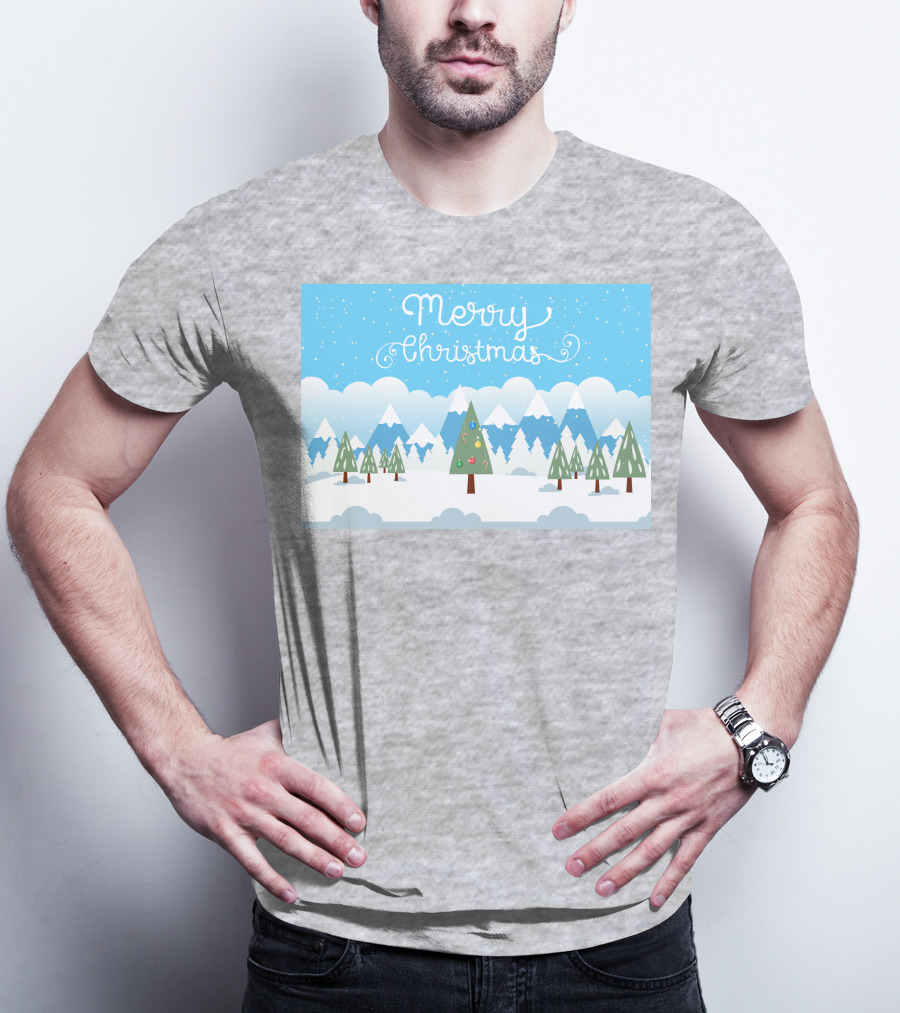 Merry Christmas Snowy Mountain Landscape With Decorated Tree T-Shirt