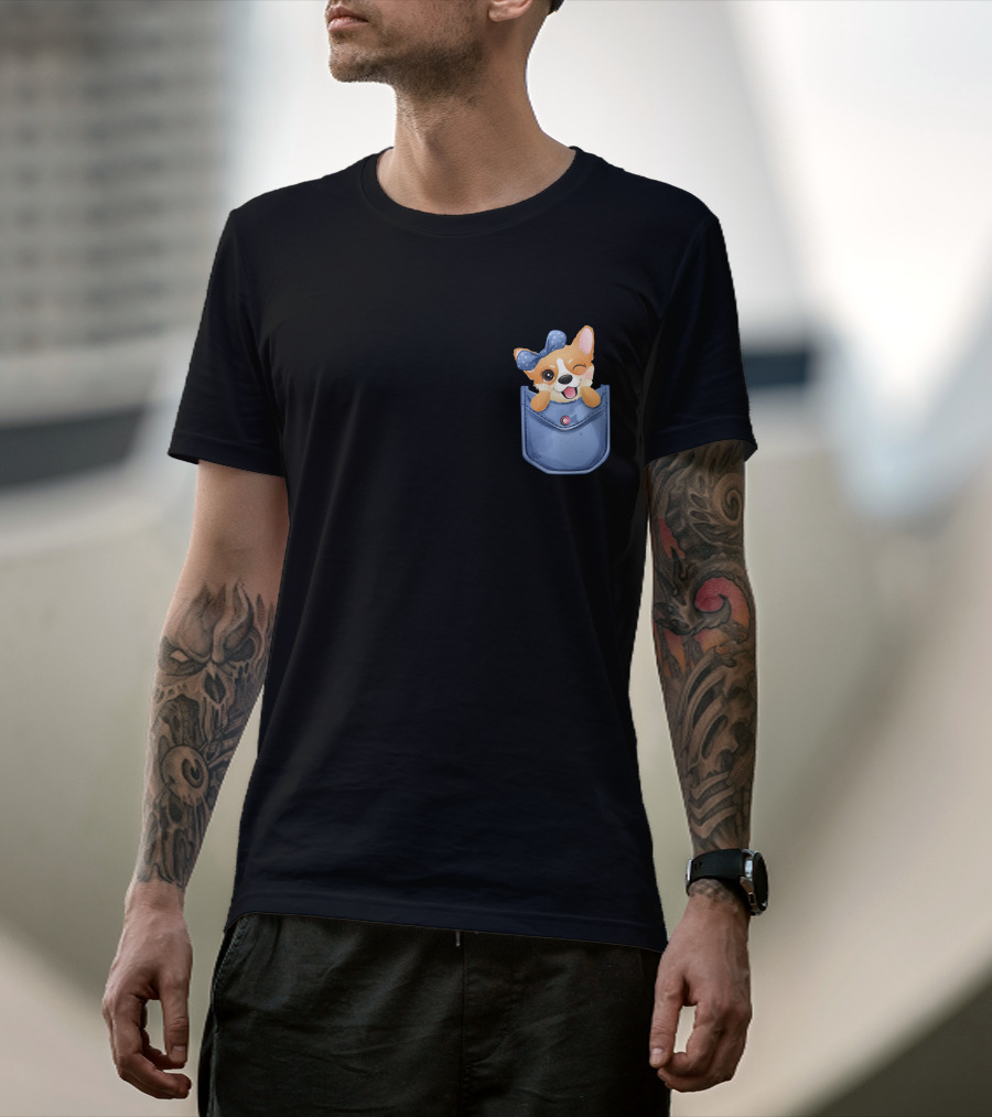 Corgi In Blue Pocket With Winking Bow T-Shirt