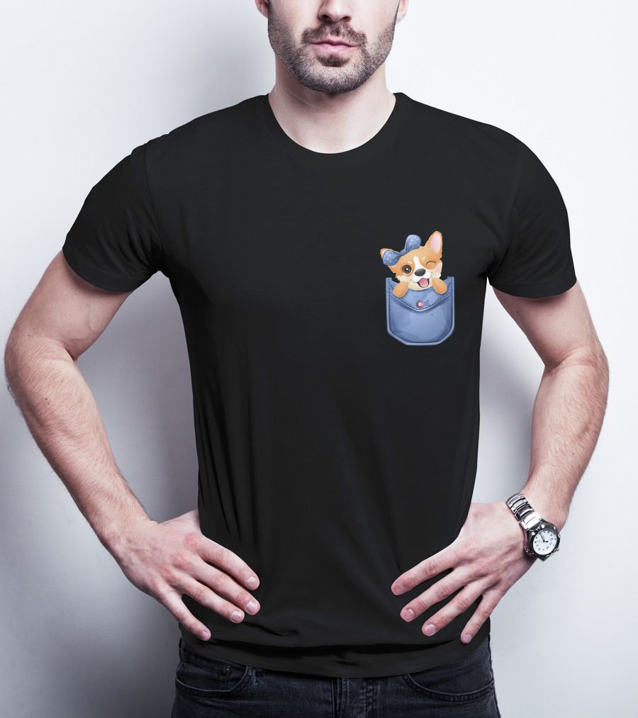 Corgi In Blue Pocket With Winking Bow T-Shirt