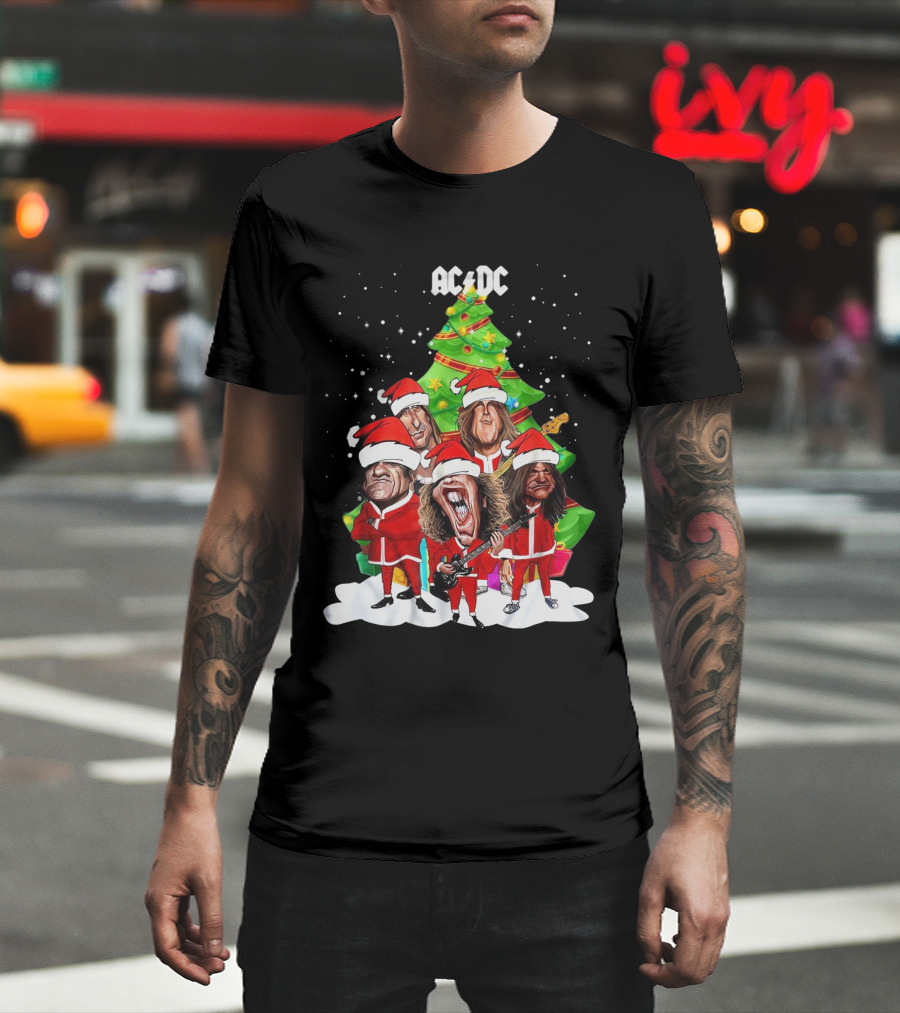 ACDC Christmas Band Santa Hats Cartoon Snow Guitar Christmas Tree T-Shirt