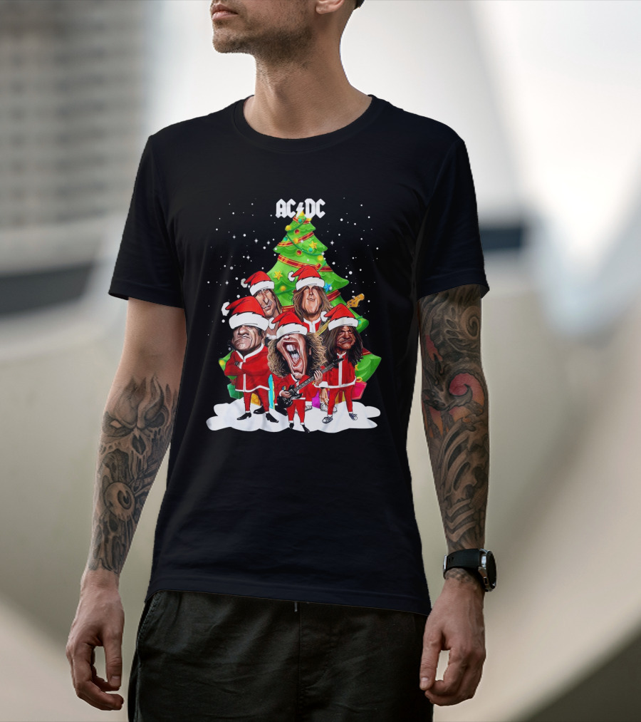 ACDC Christmas Band Santa Hats Cartoon Snow Guitar Christmas Tree T-Shirt