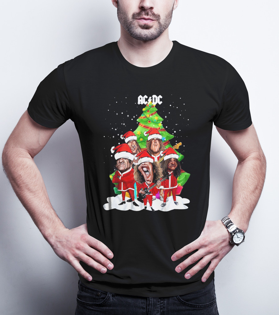 ACDC Christmas Band Santa Hats Cartoon Snow Guitar Christmas Tree T-Shirt