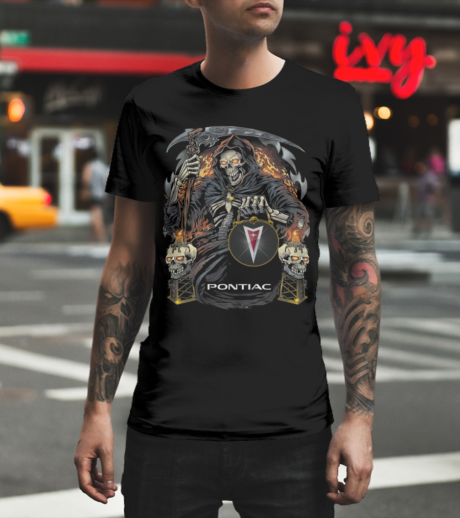 Pontiac Grim Reaper Holding Skull Flames T-Shirt