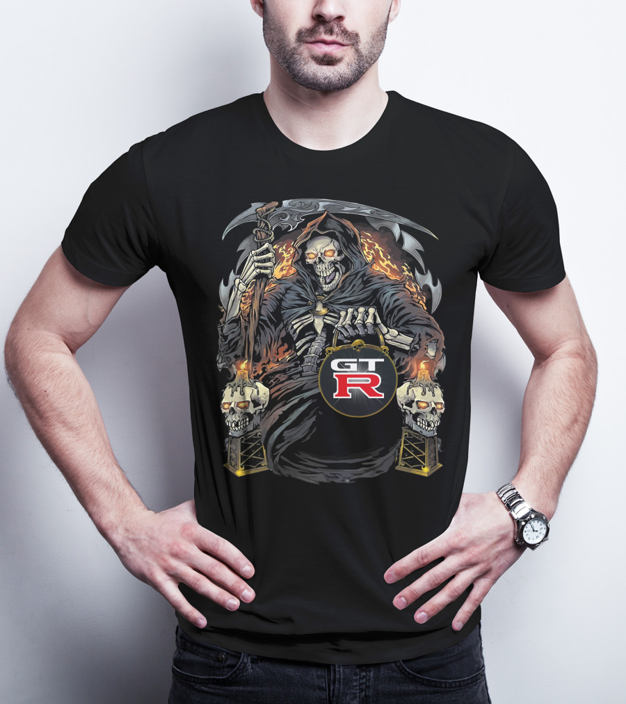 Nissan GTR01 Skeleton With Scythe And Flaming Skulls Retro T-Shirt