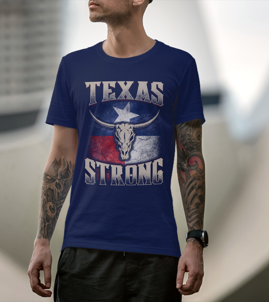 Texas Strong Longhorn Skull With Texas Flag T-Shirt