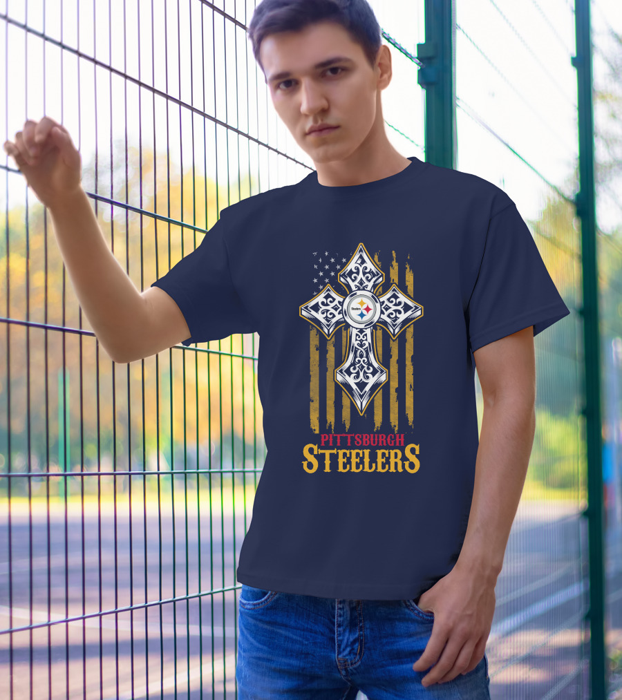 Pittsburgh Steelers Cross American Flag T-Shirt