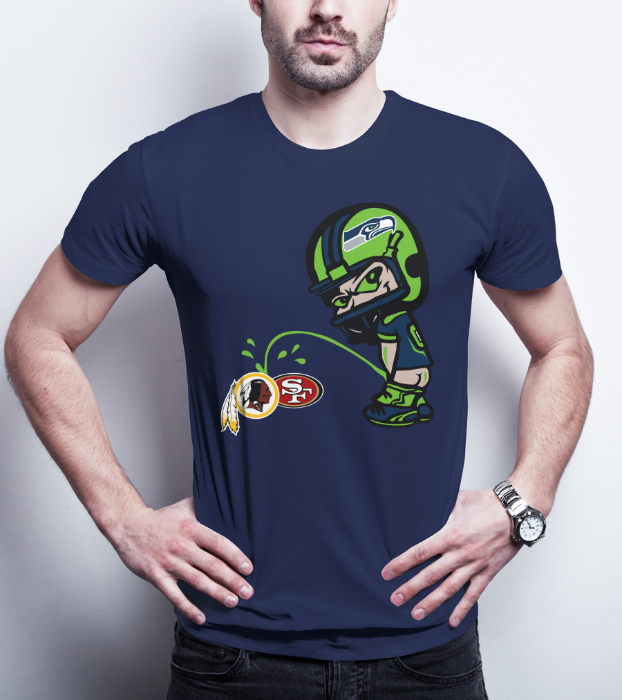 Seattle Seahawks Rivalry Cartoon With San Francisco 49ers And Washington Logos T-Shirt