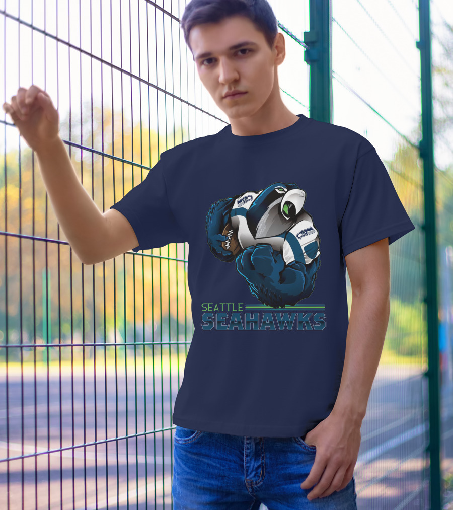Seattle Seahawks Powerful Mascot With Football Iconic Team Spirit T-Shirt