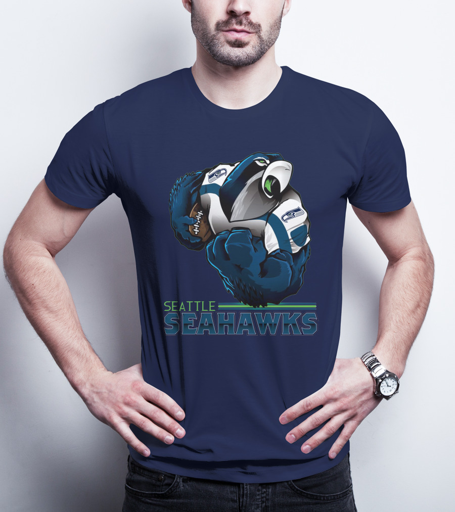 Seattle Seahawks Powerful Mascot With Football Iconic Team Spirit T-Shirt