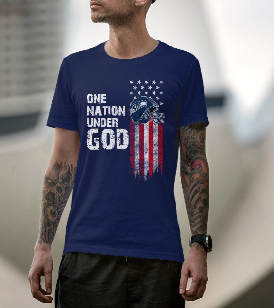 One Nation Under God Seattle Seahawks Flag Helmet Stars Stripes T-Shirt