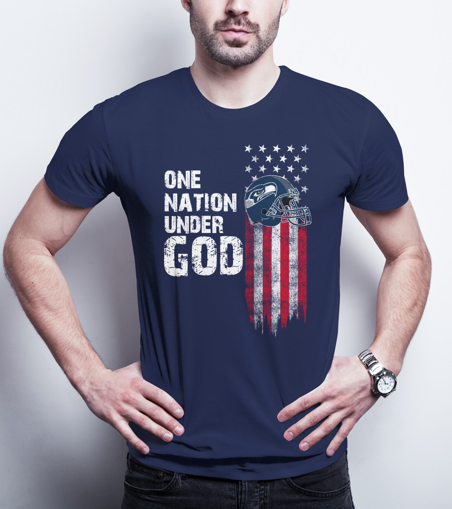 One Nation Under God Seattle Seahawks Flag Helmet Stars Stripes T-Shirt
