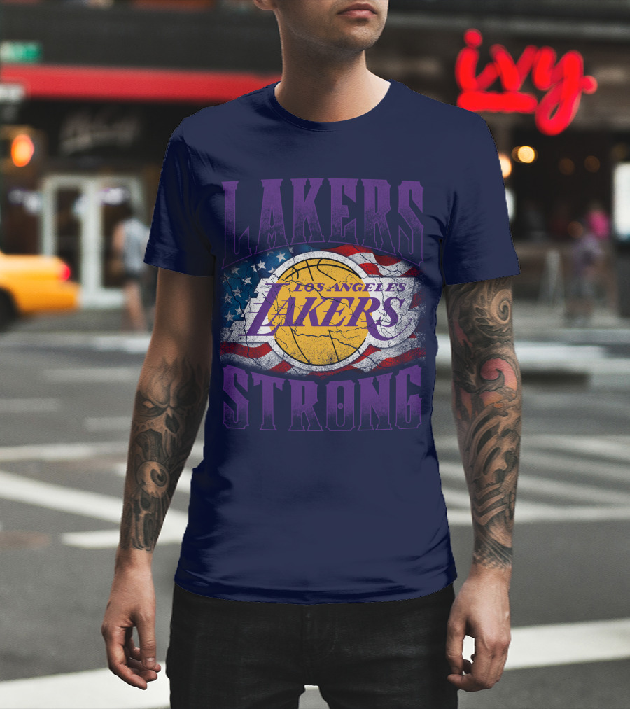 Los Angeles Lakers Strong American Flag Basketball T-Shirt