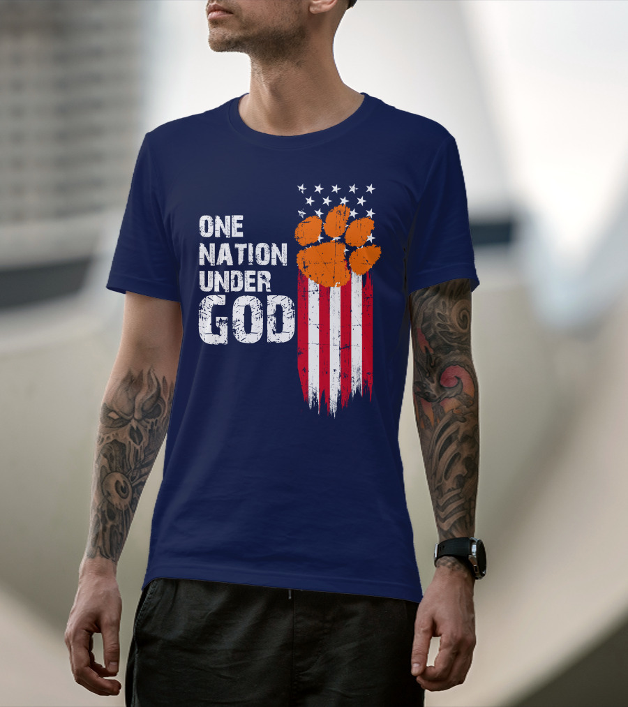 One Nation Under God Clemson Tigers American Flag Paw Print T-Shirt