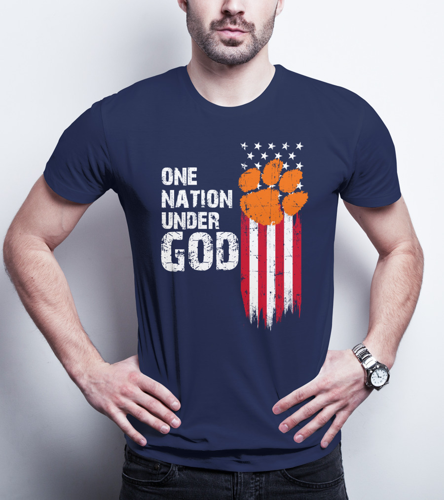 One Nation Under God Clemson Tigers American Flag Paw Print T-Shirt