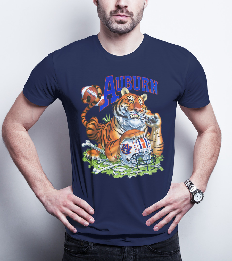 Auburn Tigers Football Tiger Holding Helmet With Bones And Football T-Shirt