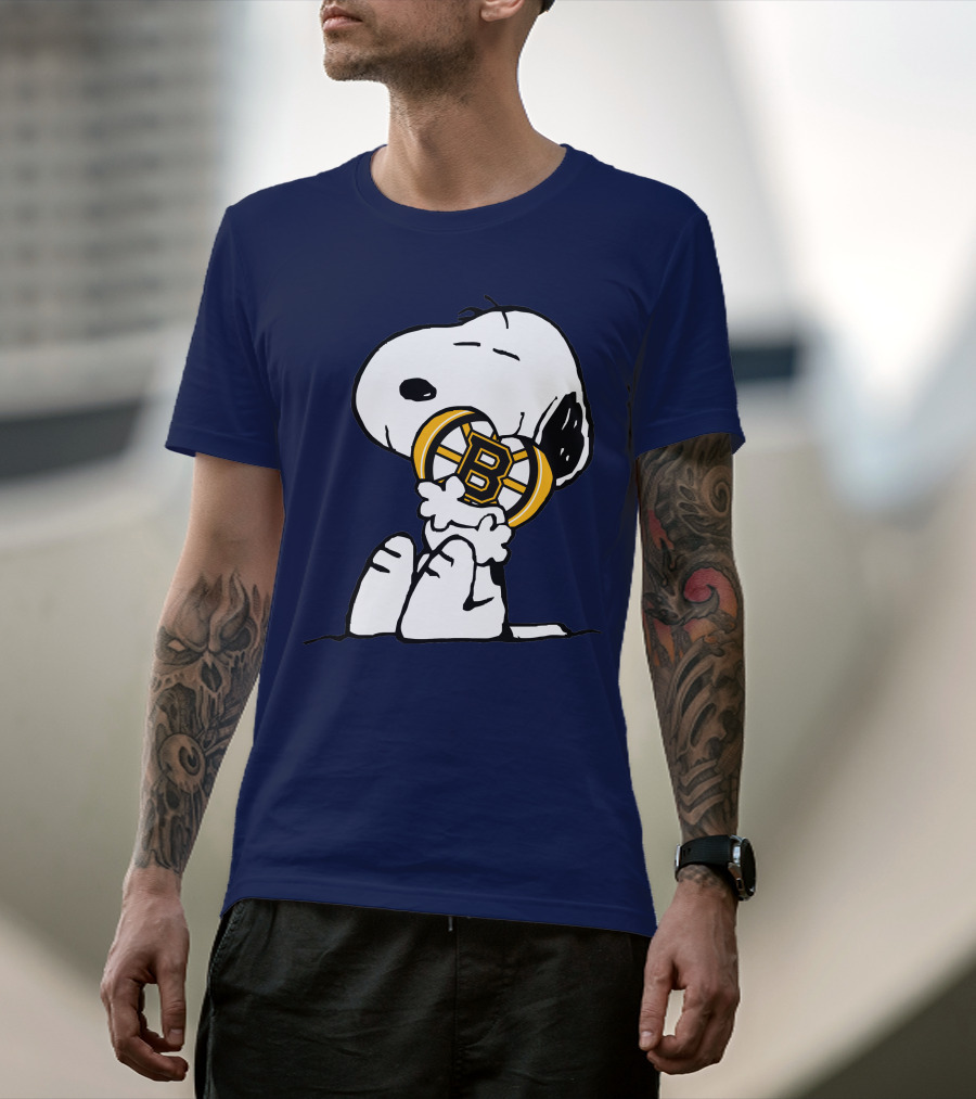 Snoopy With Boston Bruins Logo Embrace T-Shirt