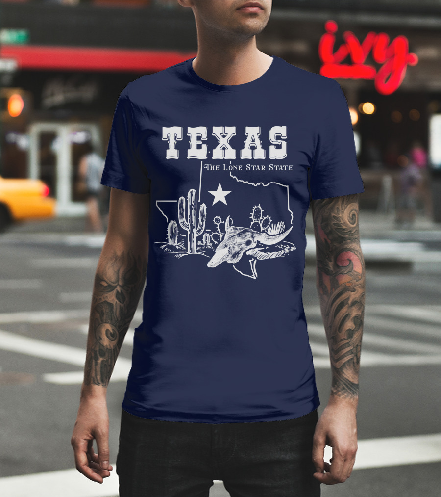 Texas The Lone Star State Map Outline With Cactus And Bull Skull T-Shirt