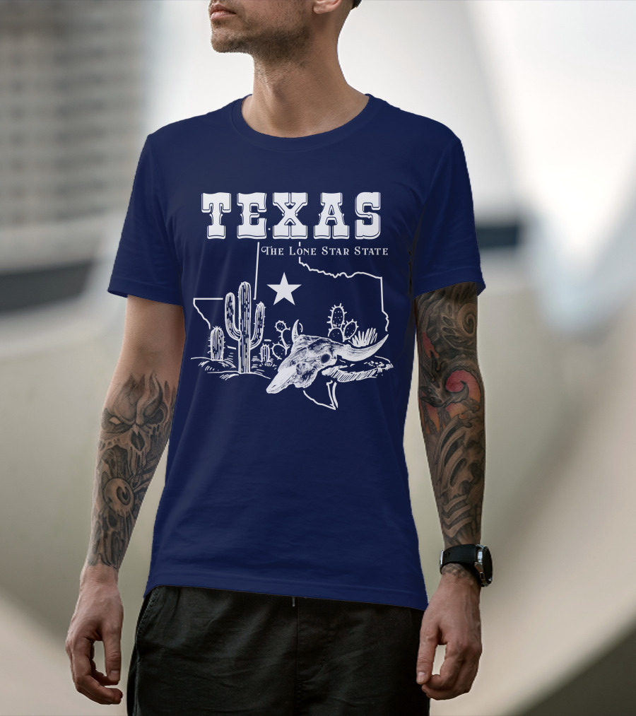 Texas The Lone Star State Map Outline With Cactus And Bull Skull T-Shirt