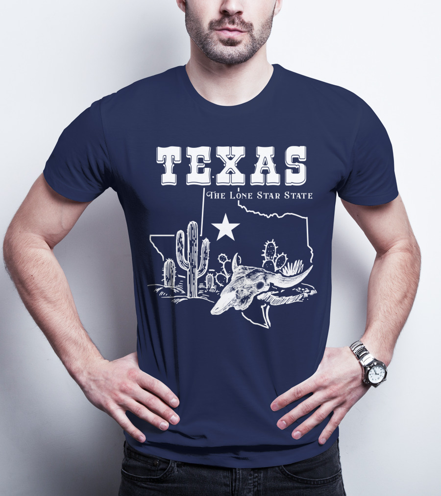 Texas The Lone Star State Map Outline With Cactus And Bull Skull T-Shirt