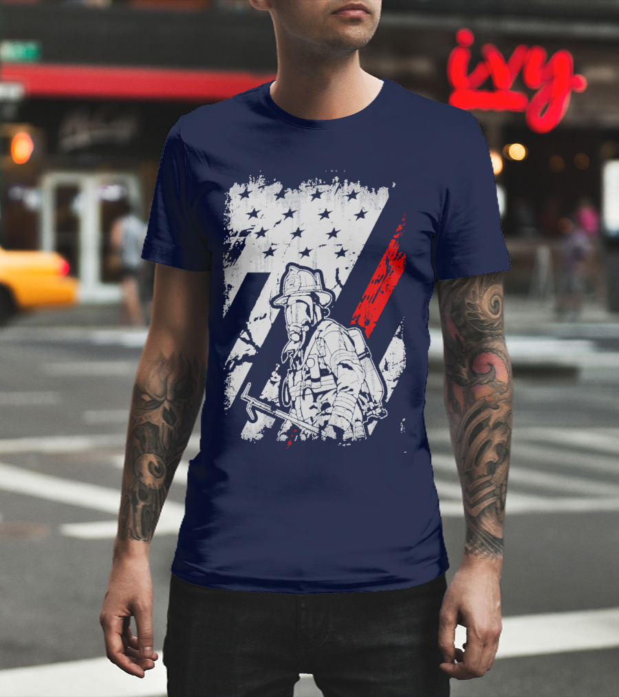 The Firefighters American Flag Tribute Heroic Firefighter With Axe And Stars And Stripes T-Shirt